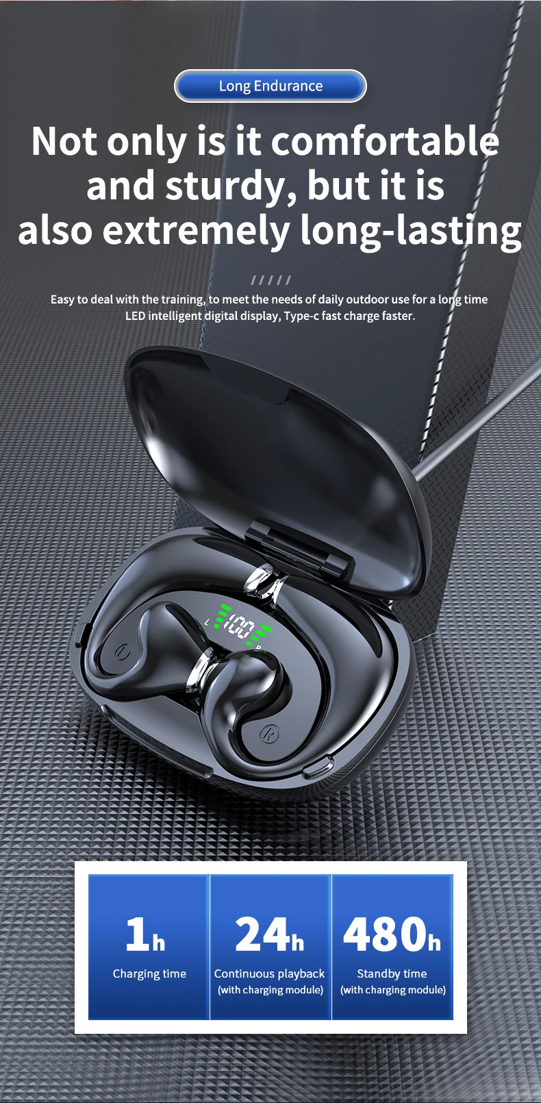 JR02 TWS Wireless Bone Conduction Headphones - LED Earbuds