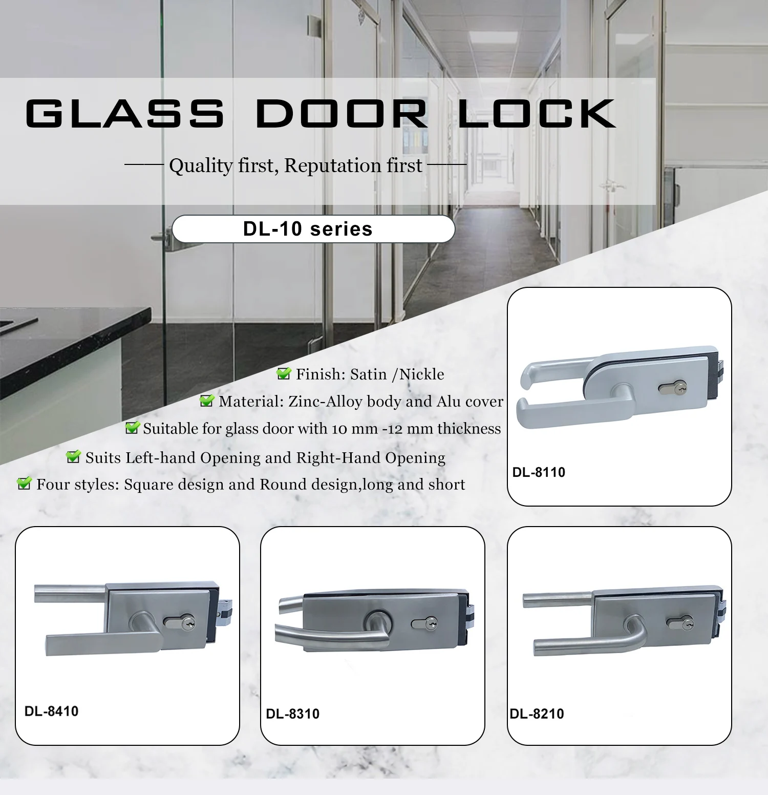 Office Partition Wall Door Lock Slim Frame Aluminum Glass Lever Handle ...