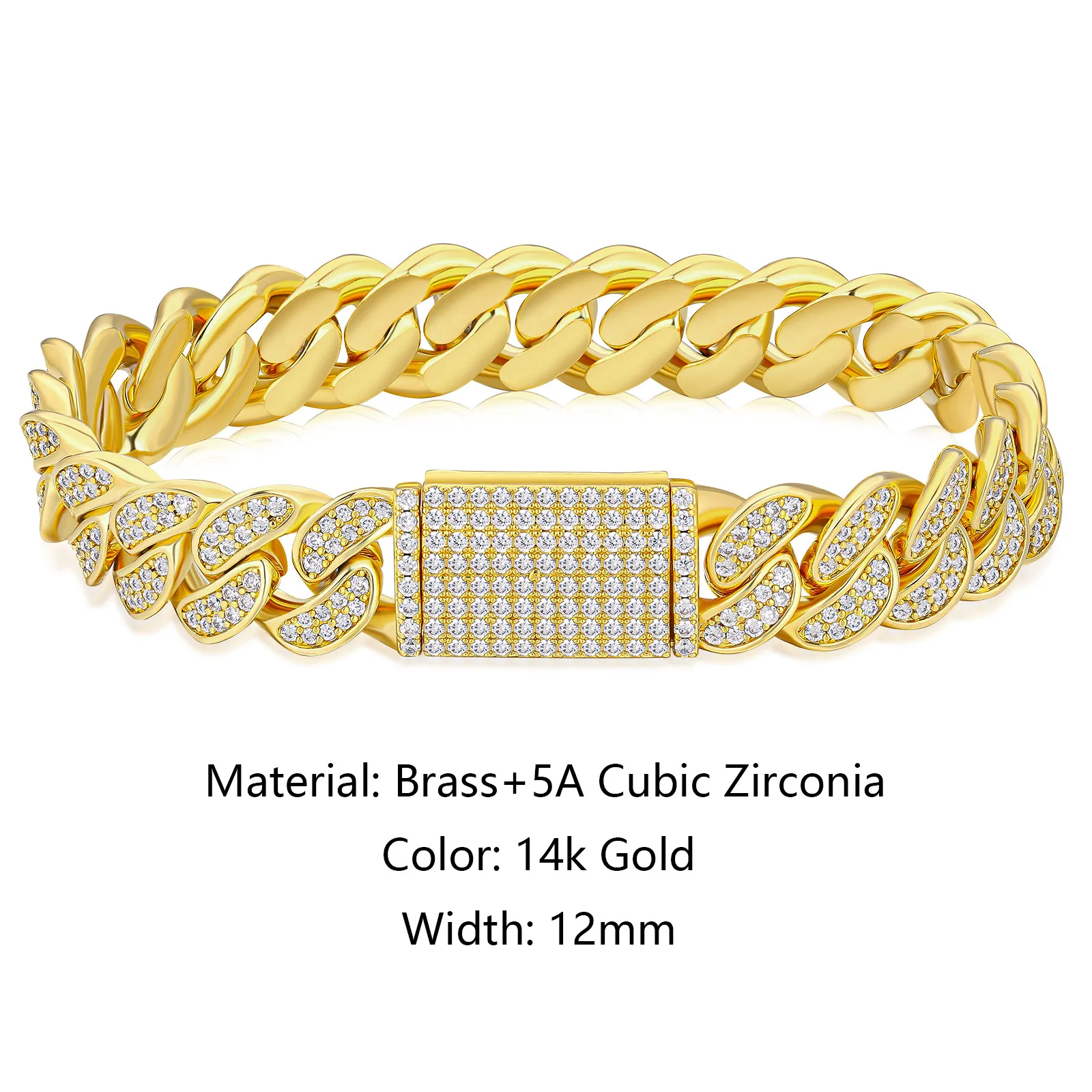 KRKC Wholesale 12mm 14k Gold Plated Hip Hop Jewelry Diamond Bangle 5A CZ Prong Iced Out Cuban ...