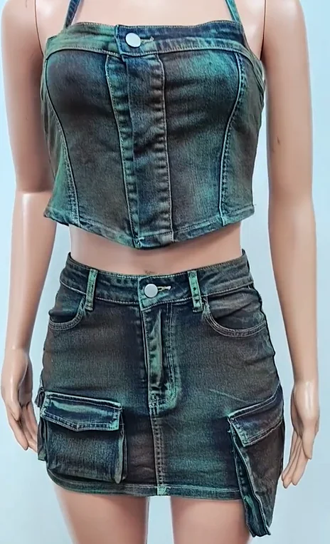 Wholesale Green Tie Dye Denim Two Piece Sets Women High Quality Tube ...