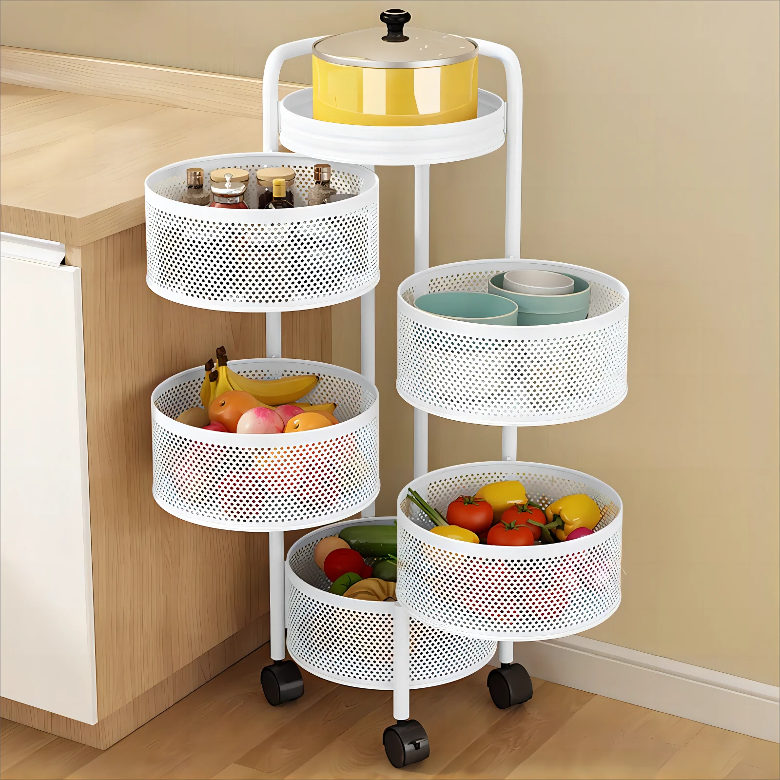 Large Capacity Movable Circular Shelf Detachable Vegetable Fruit Basket ...