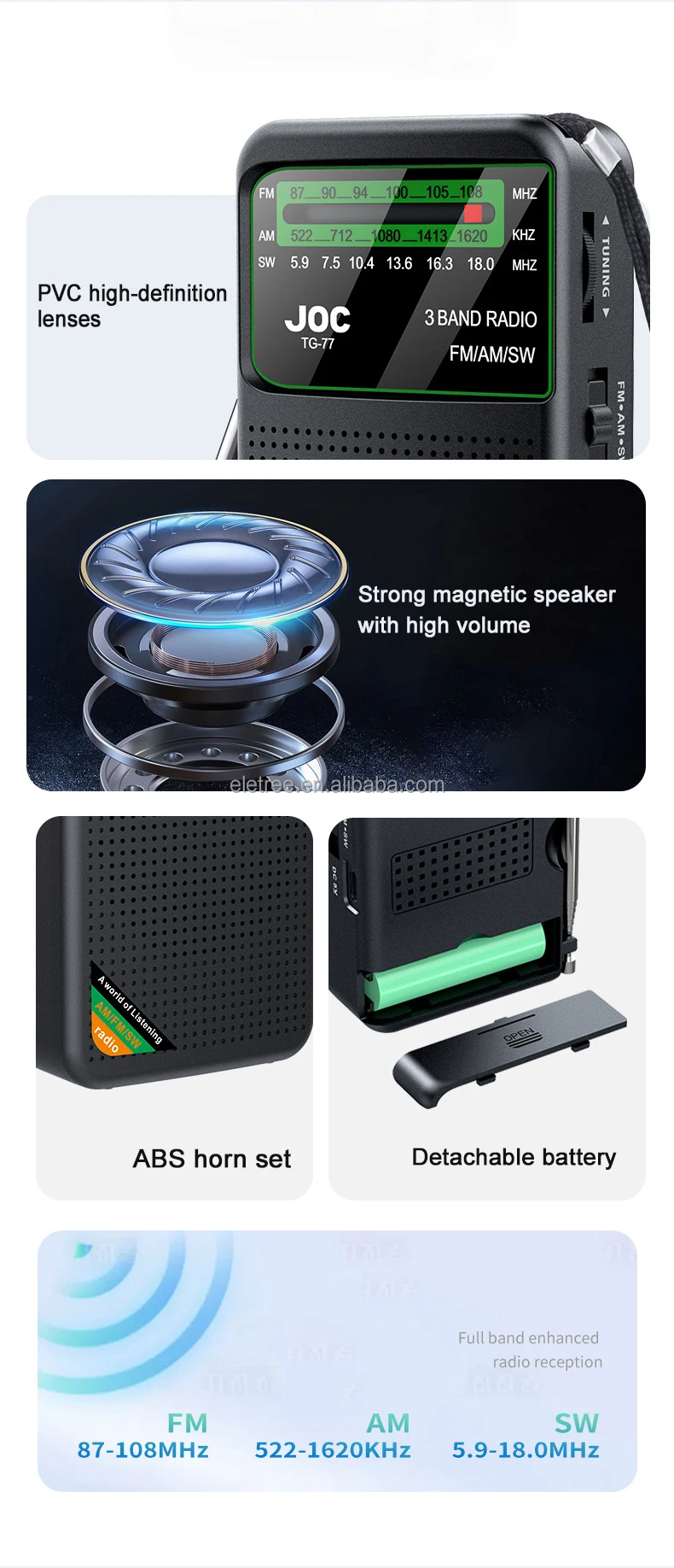 Joc TG-77 Mini Pocket Radio - Portable AM/FM/SW 3 Bands with Earphone ...