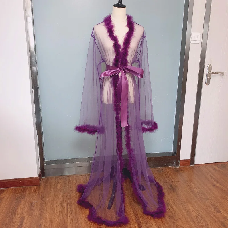 2024 Long Mature Sheer Elegant Mesh Through Sexy Robe Set Sexy Plus ...