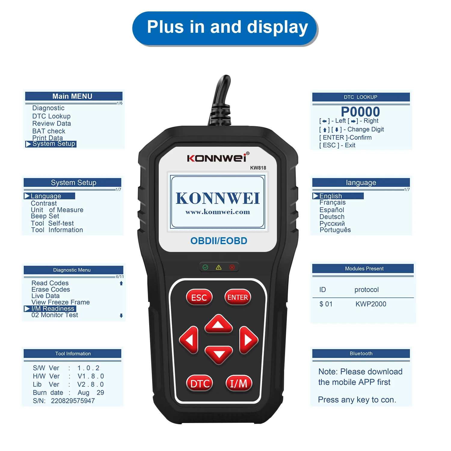 Konnwei KW818 EOBD OBD2 Scanner Auto diagnose tool für alle 12V Benzin ...