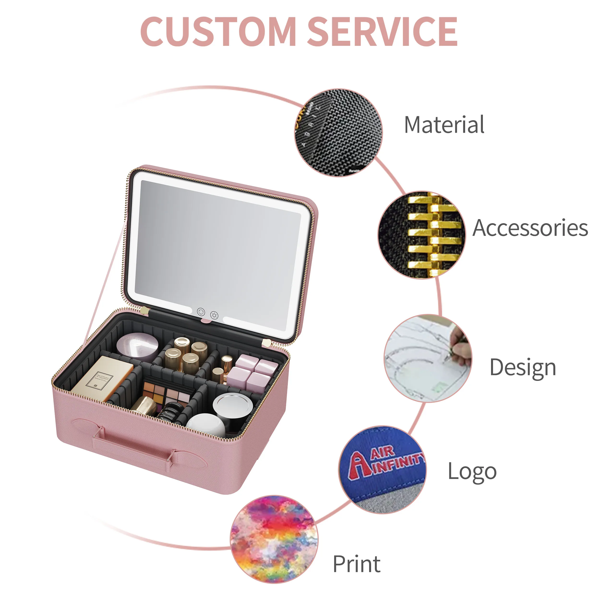 Portable Vanity Storage Box Lighted Type-C Charging Pu Leather Pink ...