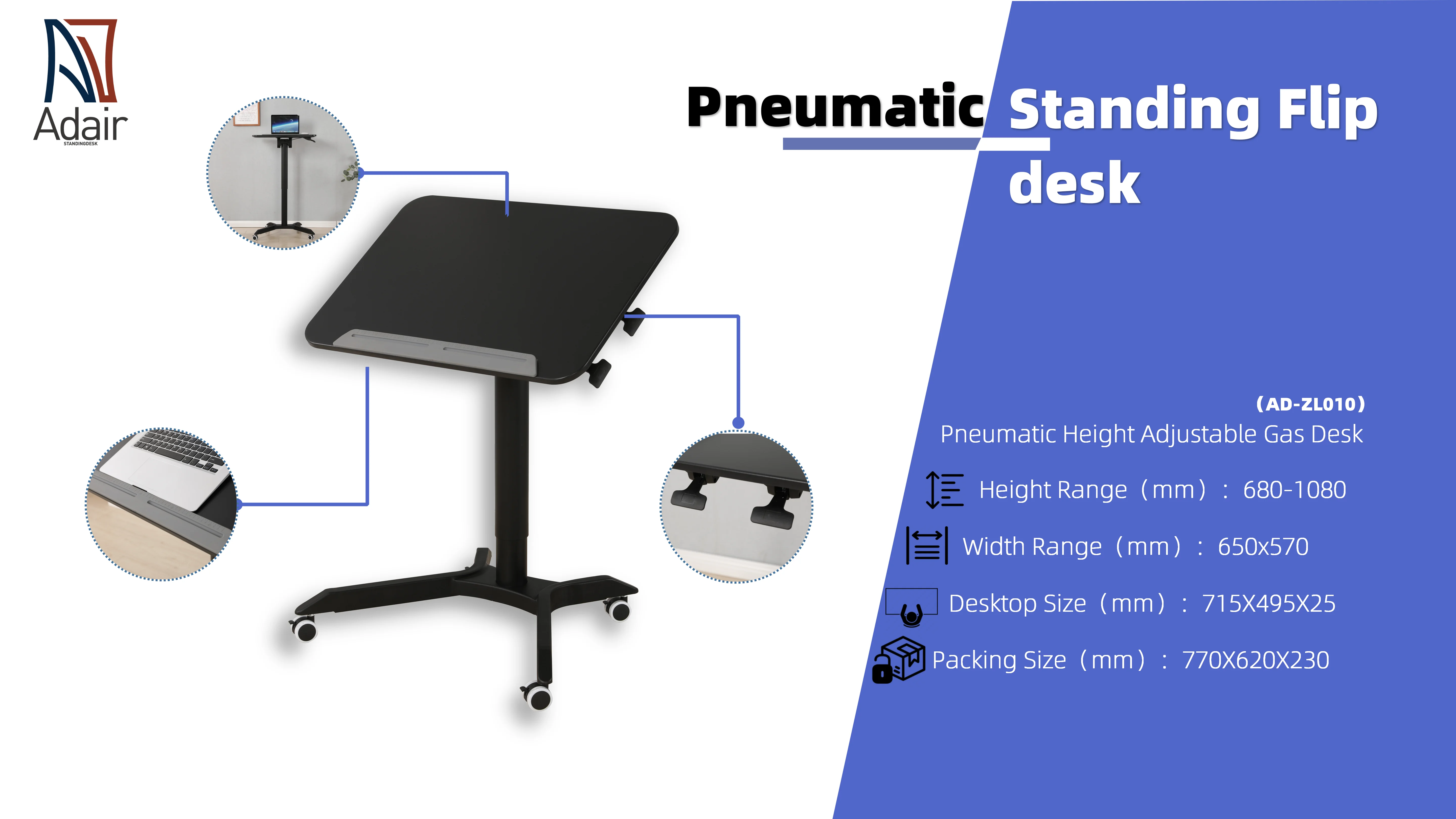 Reversible Table Pneumatic Table Height Adjustable Movable Laptop Desk ...