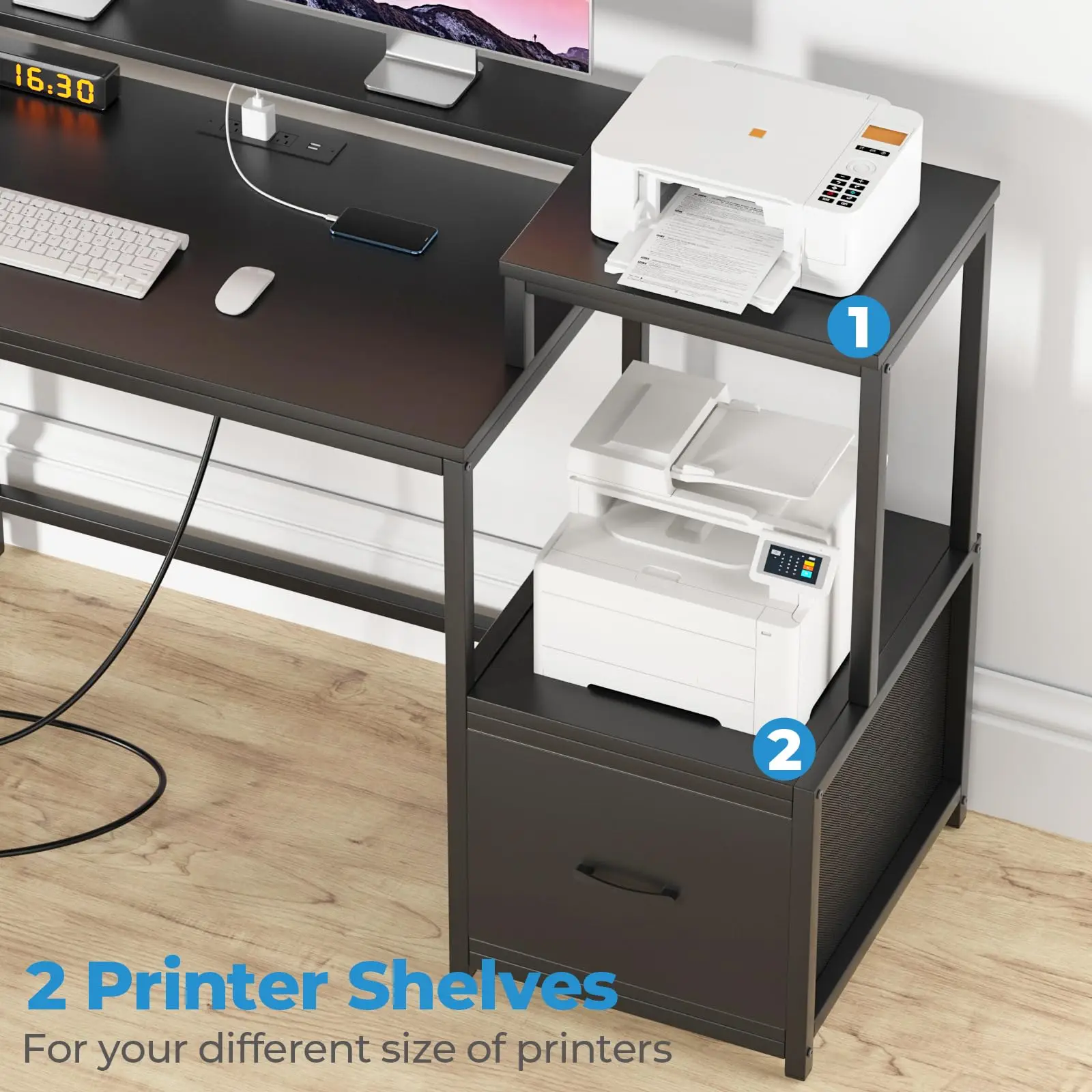 L Shaped Desk With Drawers And Printer Stand Power Outlet Monitor Shelf ...