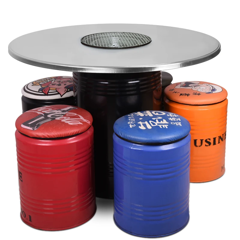 Round Restaurant Barbecue Bbq Grill Table Industrial Style Oil Drum ...