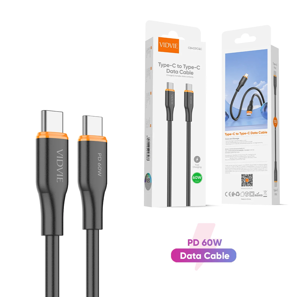 VIDVIE Thick White Black PD 60W Fast Charging USB Data Transfer Cable USB Type C to Type C ...