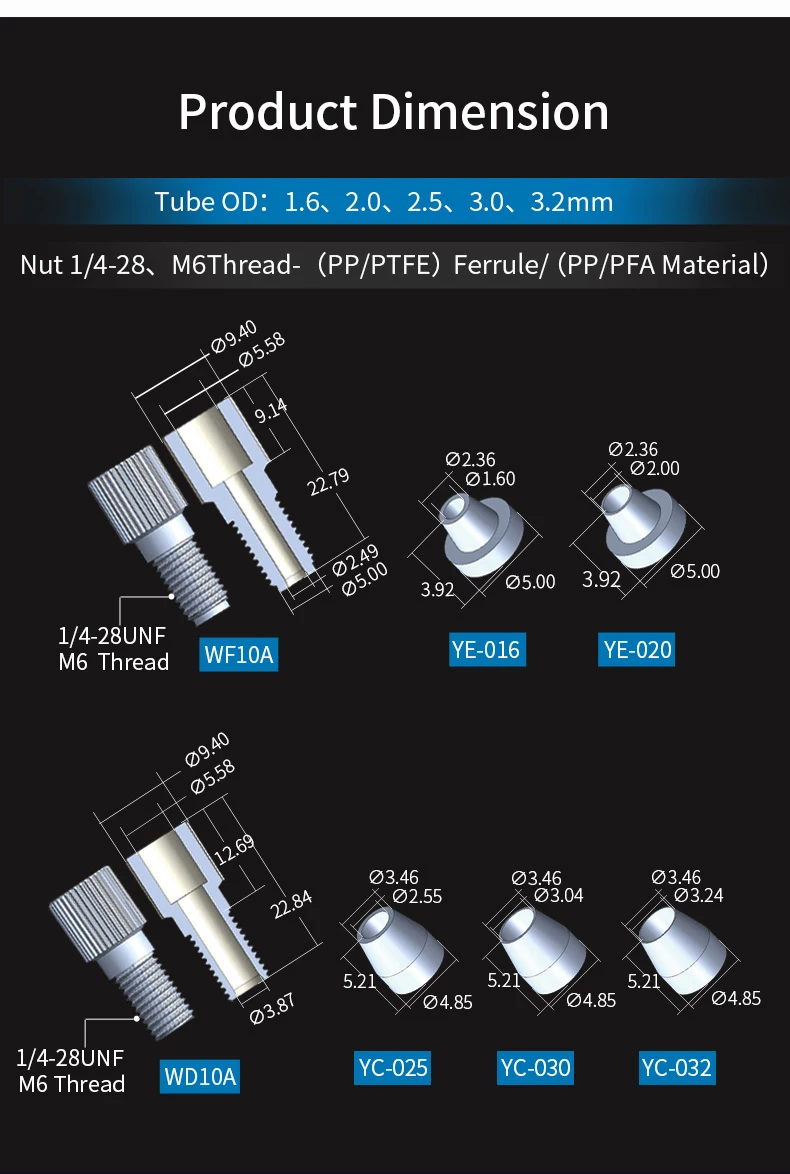 Medical Grade Tube Connector Thread PP PFA PTFE Ferrule