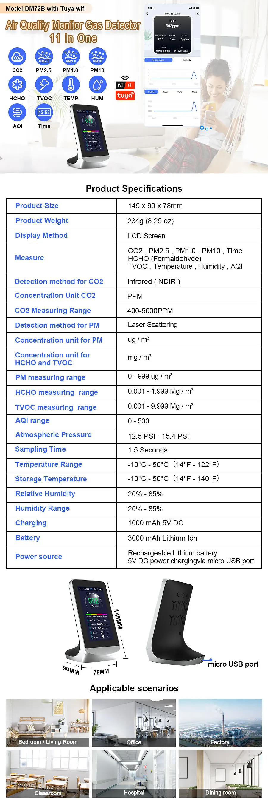 Dienmern Portable WIFI Air Quality Analyzer - CO2 Sensor