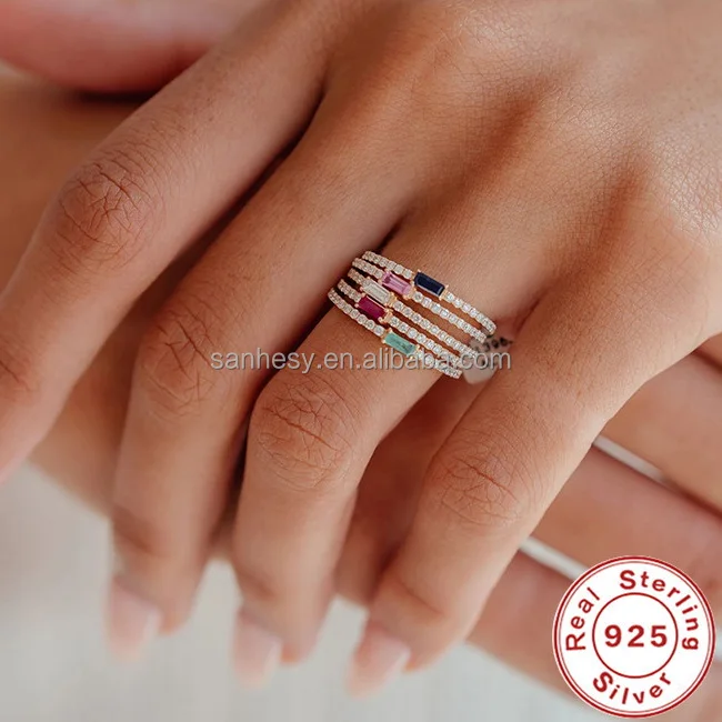 Ins S925 Sterling Silver Silver Gold Plated Geometric Rectangle Zircon Finger Ring 925 Silver ...