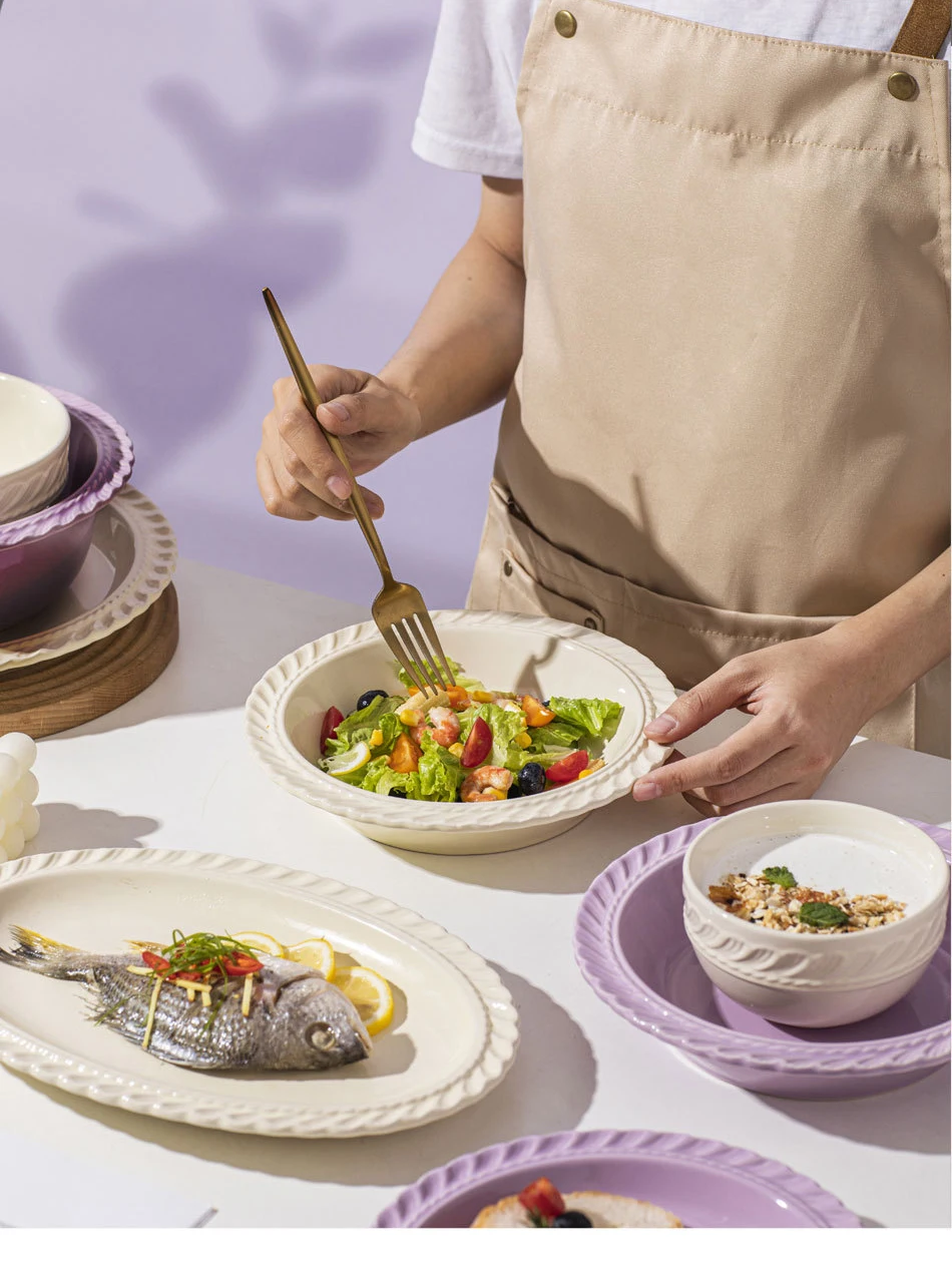 French Style Purple Dinnerware Set Embossed Plates and Bowls Ceramic ...