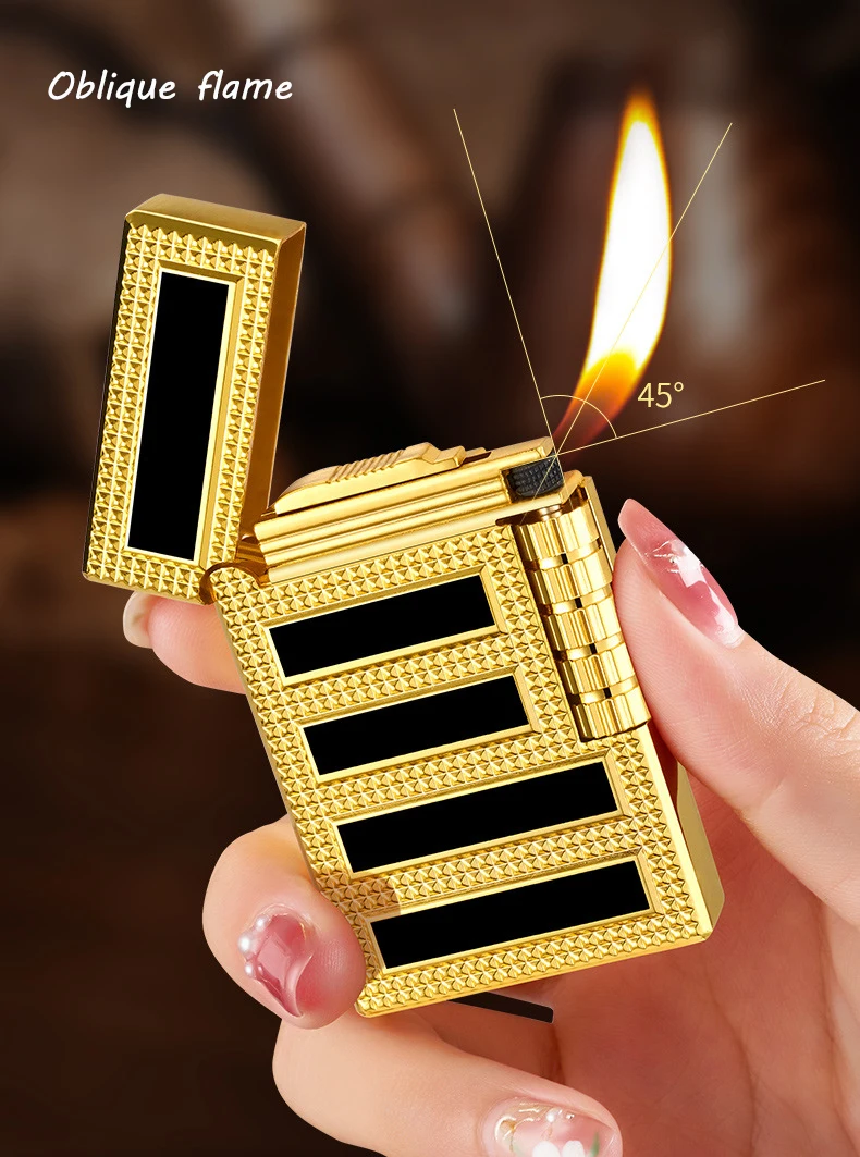 Luxury Cool Gold Silver Metal Oblique Fire Open Flame Gas Cigarette ...
