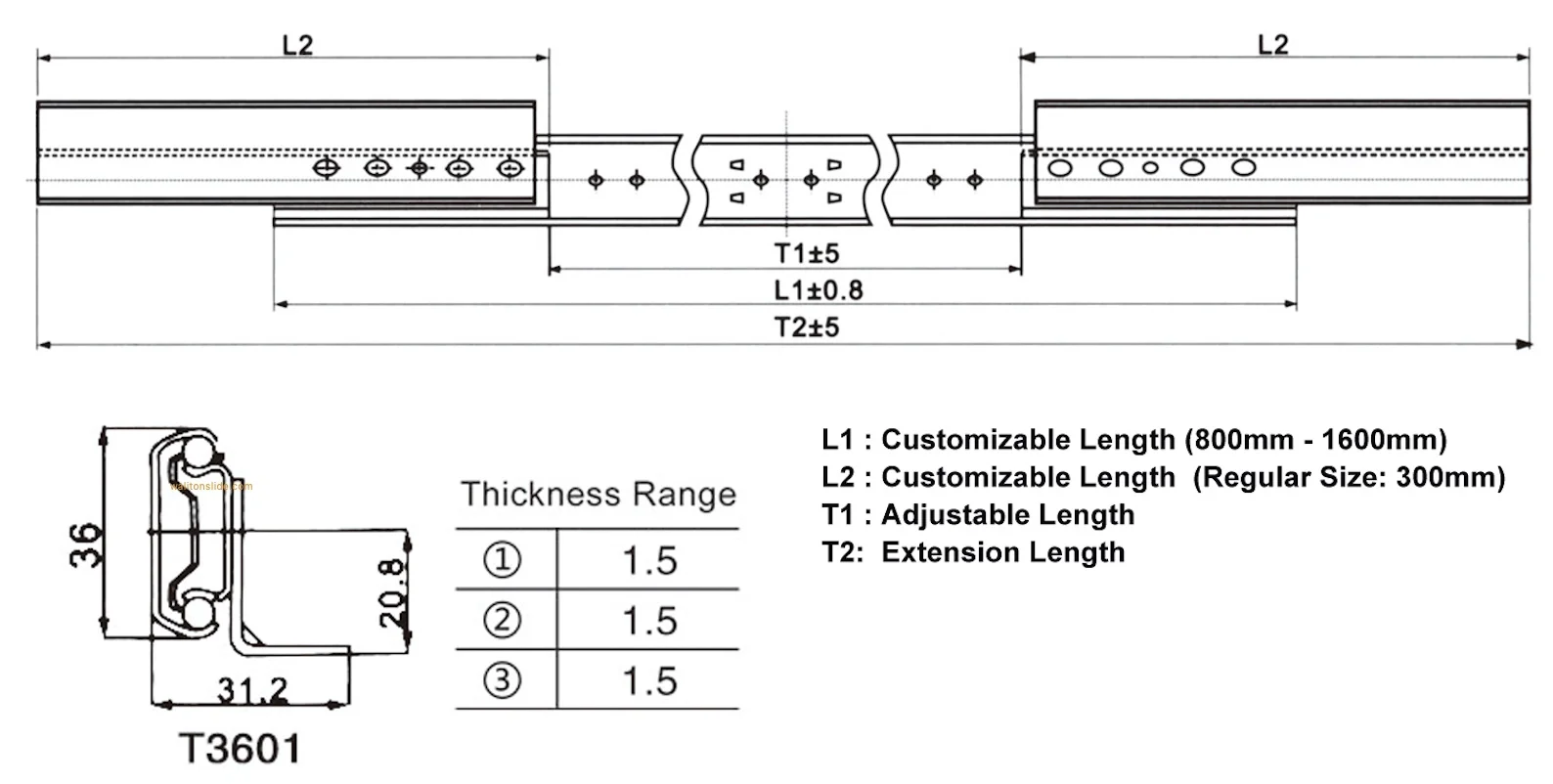 T36 Extendable Table Slides Hardware Telescopic Drawer Slide Rail ...
