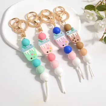 Bubble Tea Teacher Keychain Cute Diy Keyrings Silicone Beads Hand Woven ...