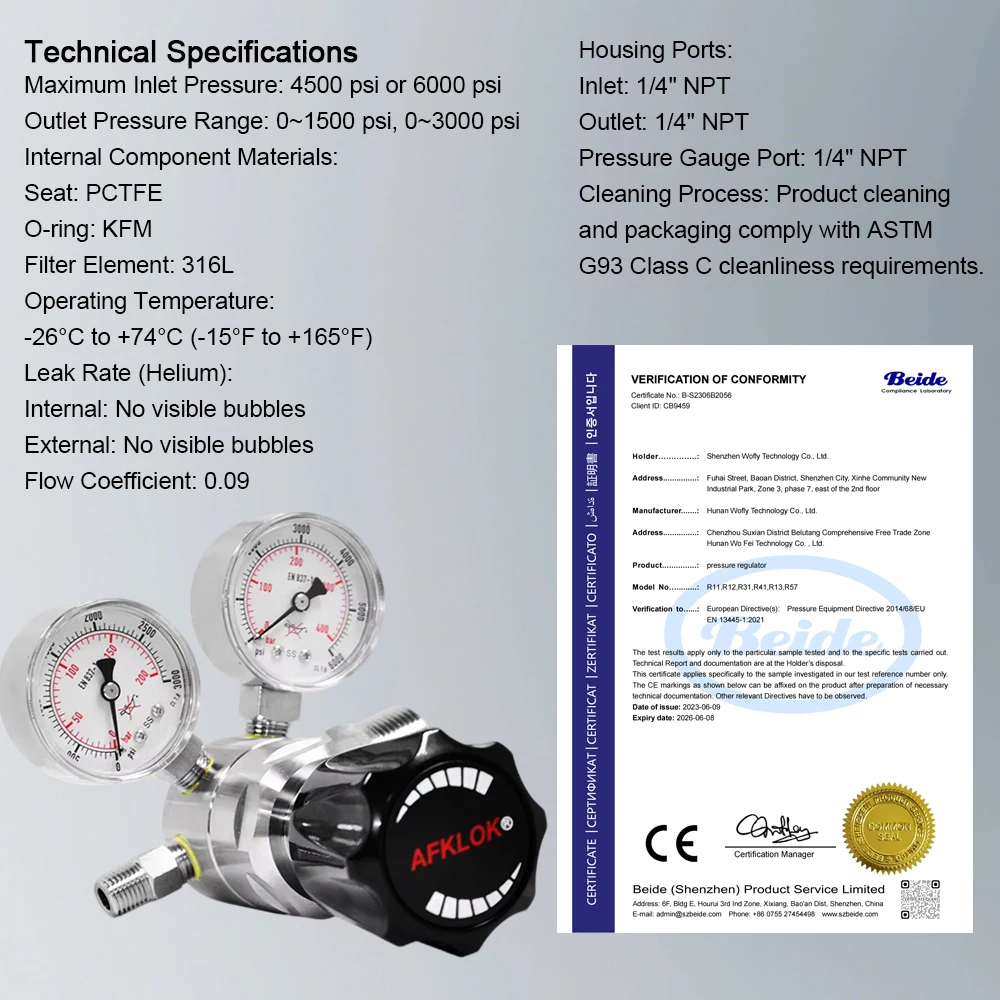 AFK Stainless Steel High Pressure Regulator 6000 Psi