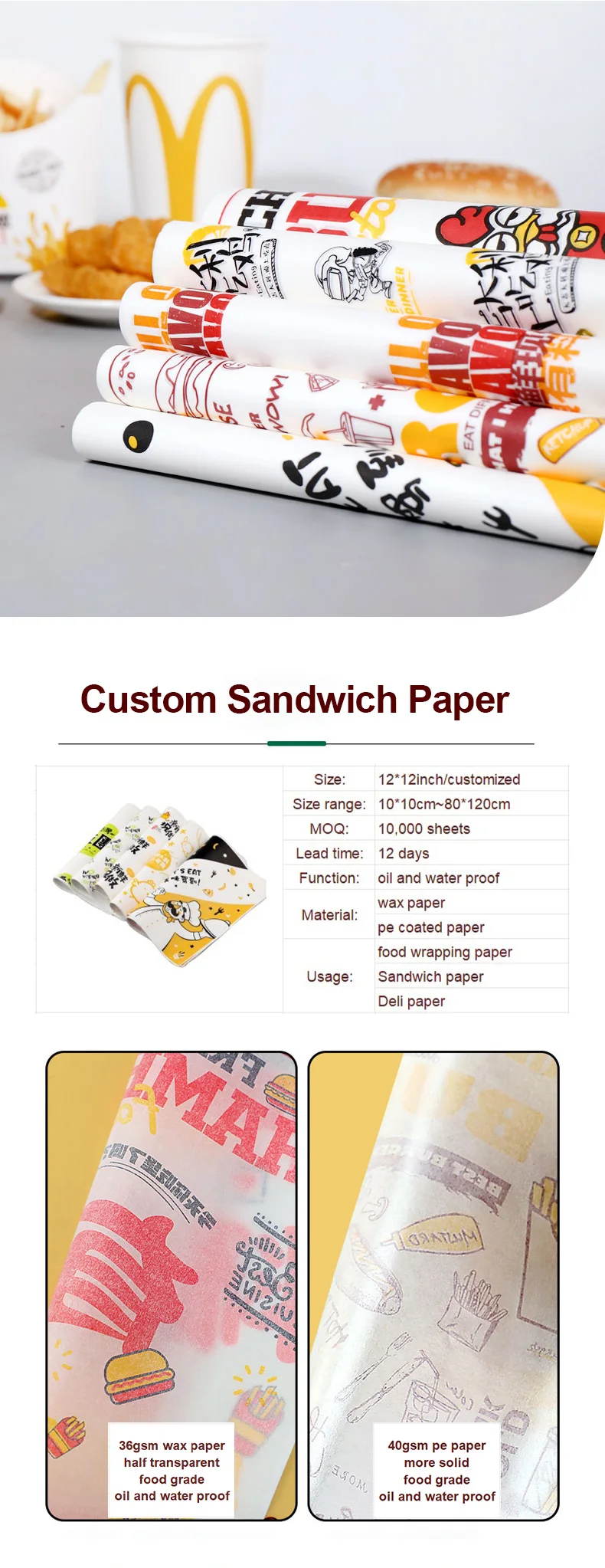 Custom Logo Printed Greaseproof Sandwich Wrap Burger Wrapper Paper Food ...