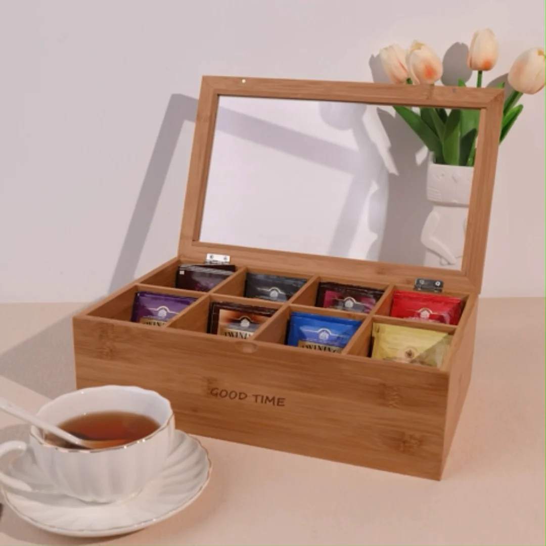 Multifunctional 8 Compartments Bamboo Wood Tea Box With Clear Lid For ...