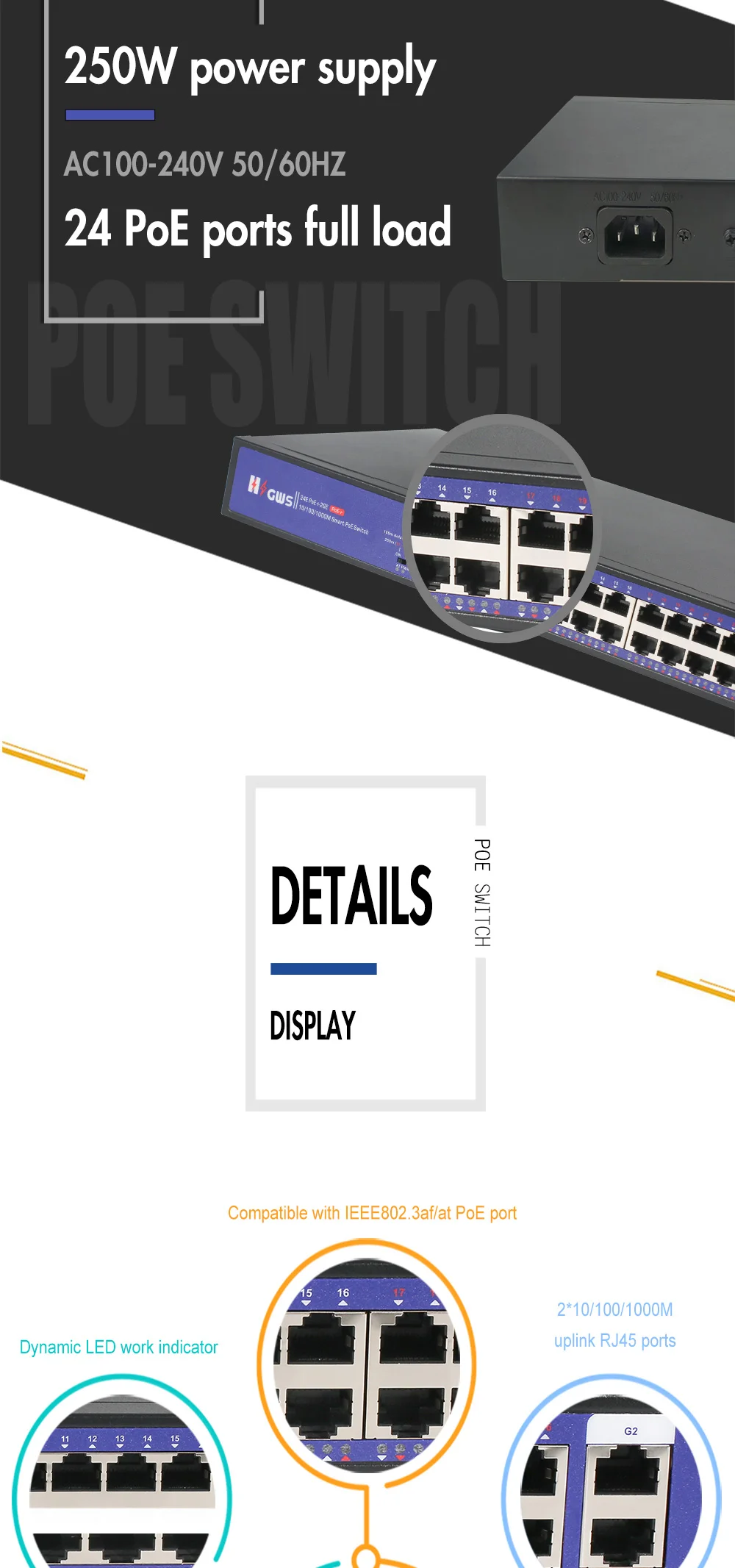 For CCTV NVR Switch 24*E POE+2*GE Long Distance 250 Meters 100M ...