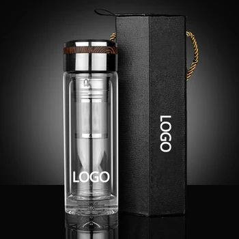 Wholesale Custom Logo 350ml Clear Double Wall Glass Water Bottle With ...