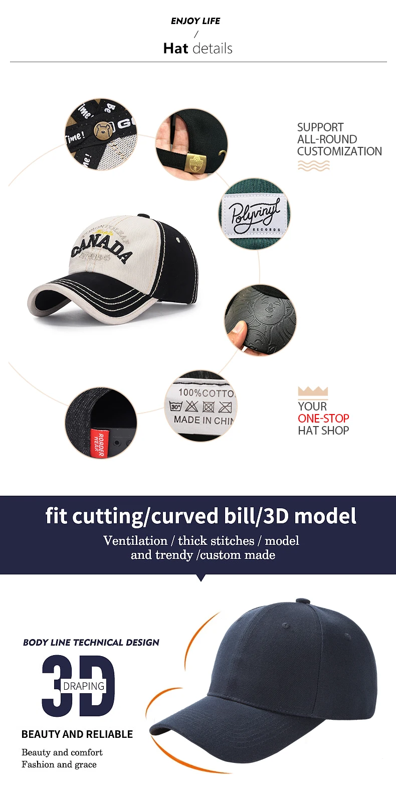 Two Tone 100% Cotton Baseball Cap Custom Embroidery Baseball Mens Hat ...