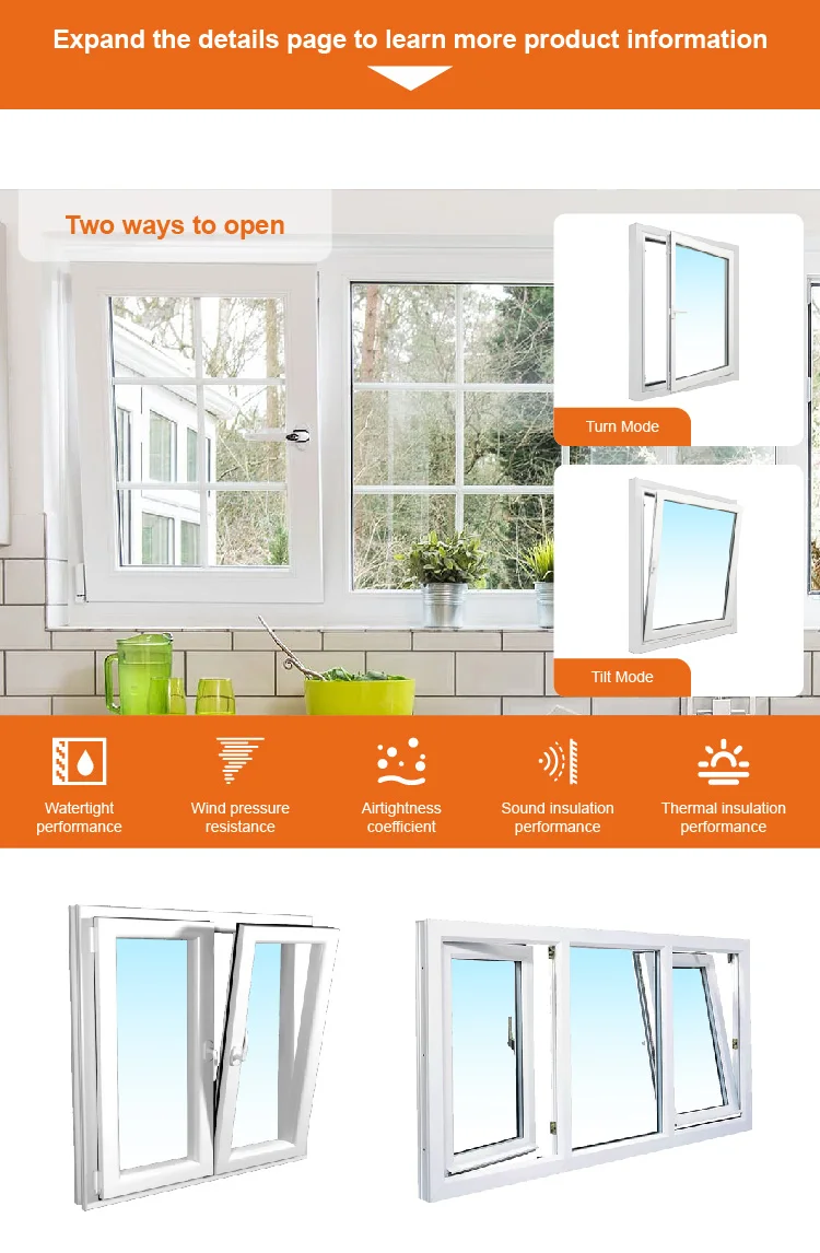 High Energy Efficient White UPVC Windows - Customized Double Glazed
