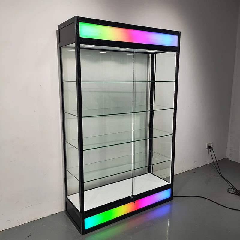 Free Standing Lockable Glass Display Cabinet Colorful Flowing Lights ...