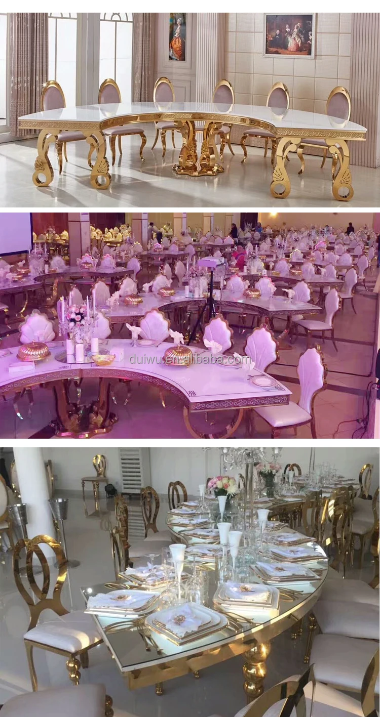 Modern Luxury Glass Wedding Table - Golden Stainless Steel S Shape ...