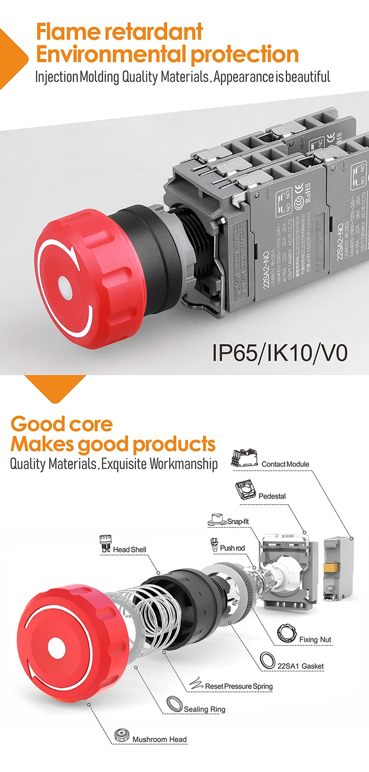 22mm Metal Mushroom Emergency Stop Switch With Led Light 2nc 3no 3nc ...