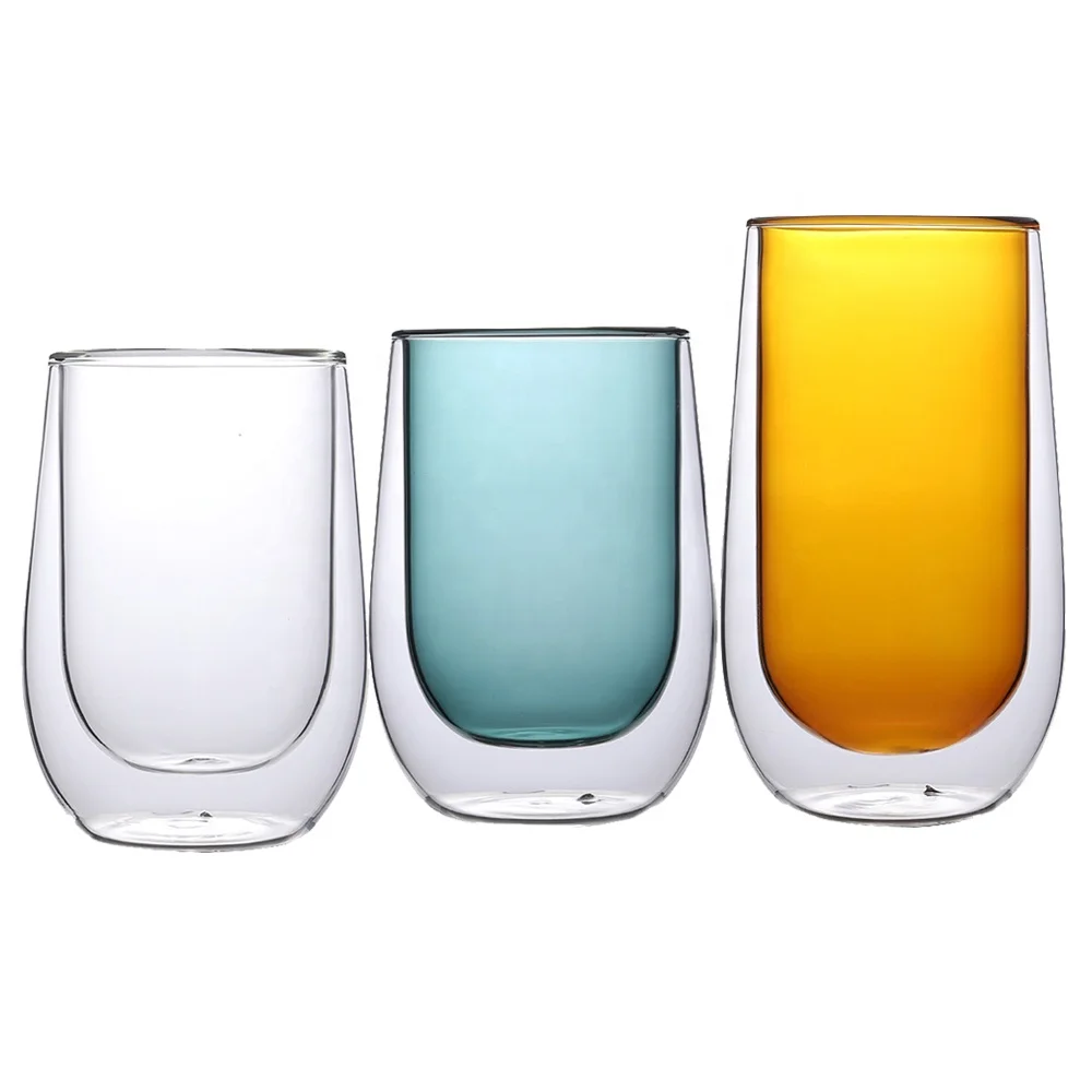 Clear Amber Blue High Borosilicate Double Wall Coffee Glass Cup ...