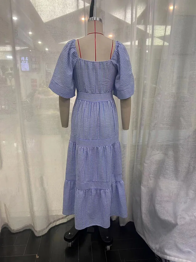 Q456 New 2024 European Vintage Square Collar Striped Knee-length Dress Women Dresses Clothing ...