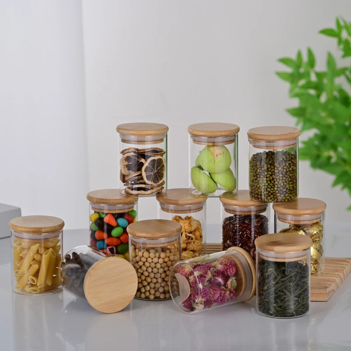 12 Piece Bamboo Lids High Borosilicate Airtight Glass Storage Jars Set ...