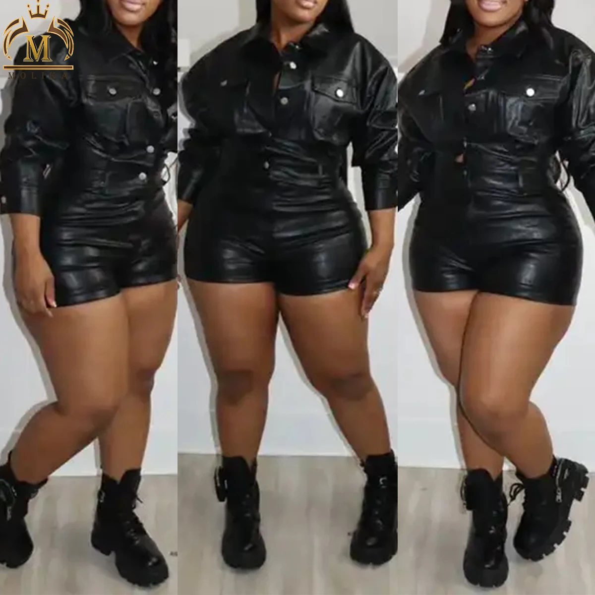 Spring Fall Women's Outfits Black Pu Leather Crop Jacket+shorts Matching Sets Sexy Two Piece ...