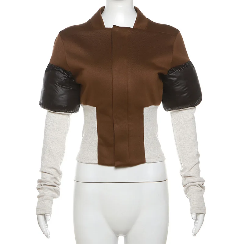 Zhezhe Winter 2024 New Bump Color Patchwork Long Sleeve Stand Colar ...