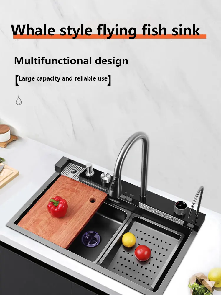 Modern Luxury Smart Multifunction Rainfall Black Sink Waterfall Piano ...