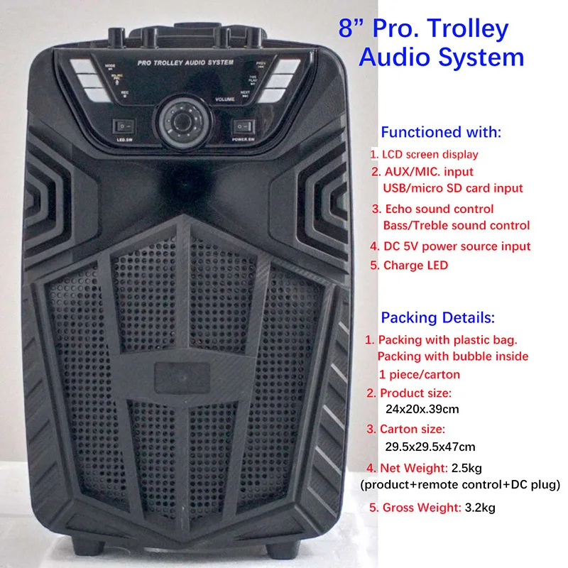 8" Pro Trolley Audio System Remote Control Speaker With Bt/usb/sd/aux ...
