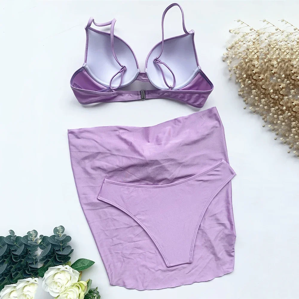 Purple Swimwear Women Bikinis Set 3 Piece Push Up Swimsuit With Cover ...