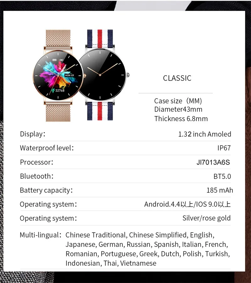 Ultrathin Smart Watch T8 - 1.32 Inch AMOLED Screen