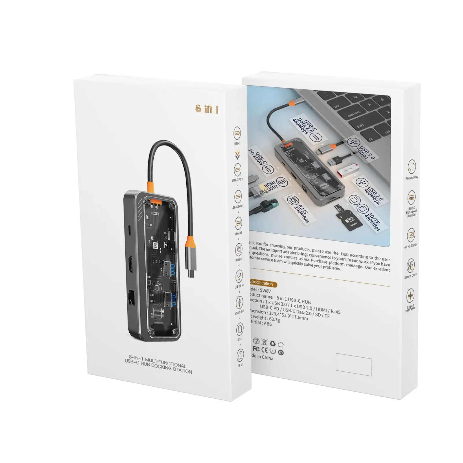 Pd 100w Transparent Usb C 8 In 1 Usb C Hub 3.0 Splitter Adapter For ...