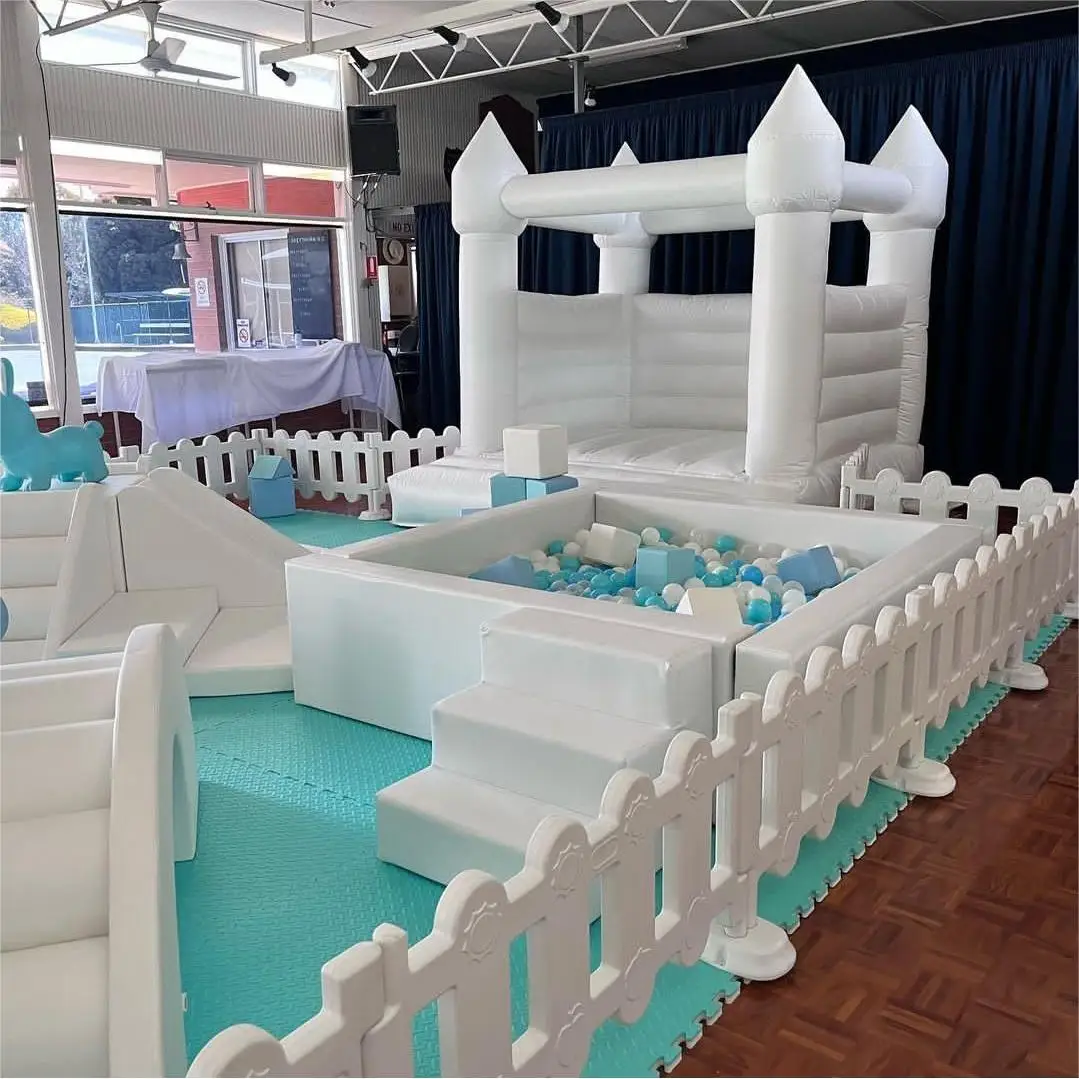 White Soft Play Equipment Set With Ball Pit Slide Mat Fences Indoor ...