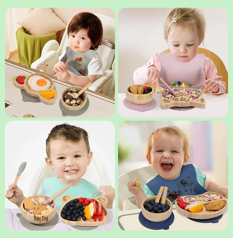 Kids Dining Food Grade Wooden Animal Baby Feeding Plate Set Silicone ...