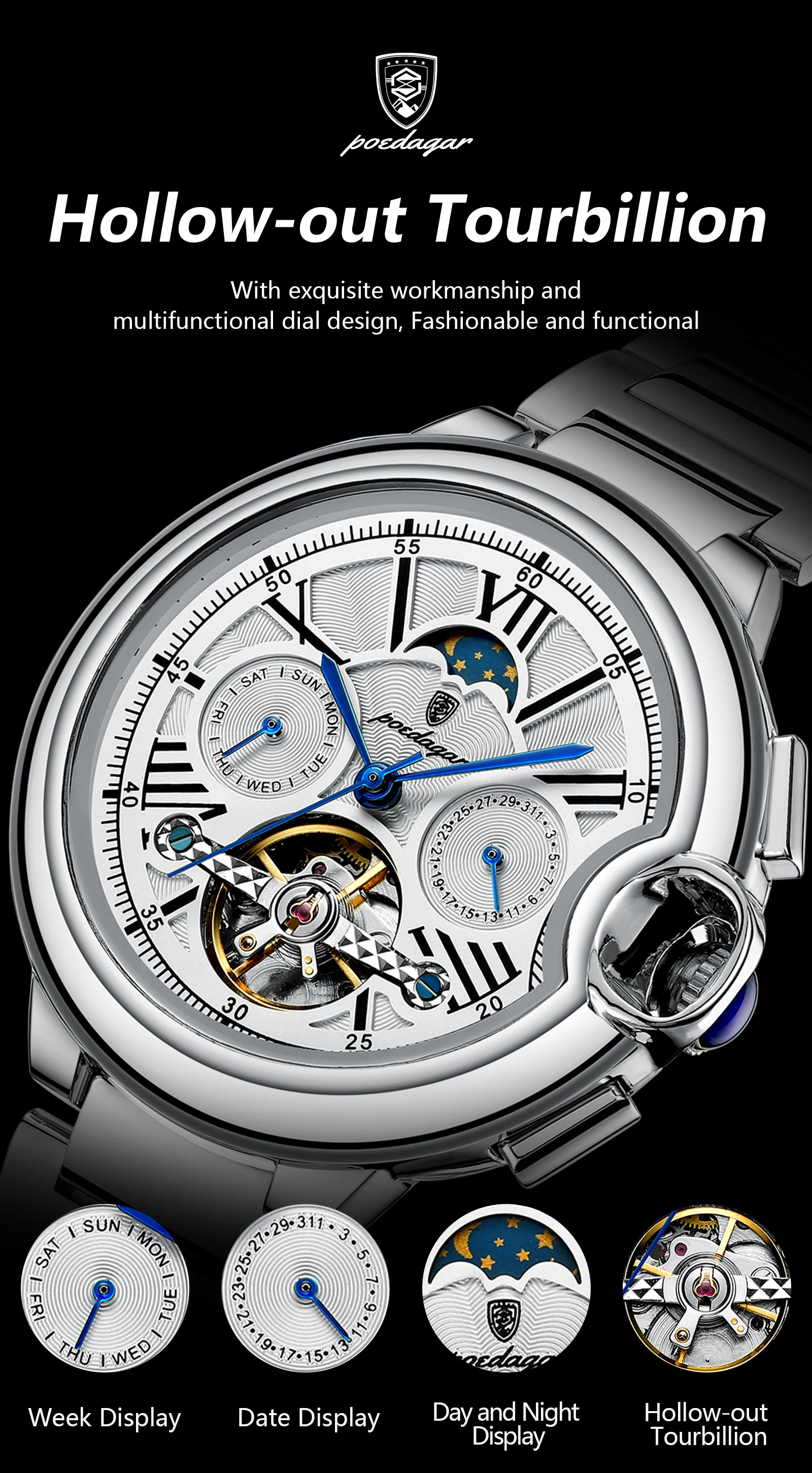Poedagar Luxury Hollow Tourbillon Automatic Watch for Men