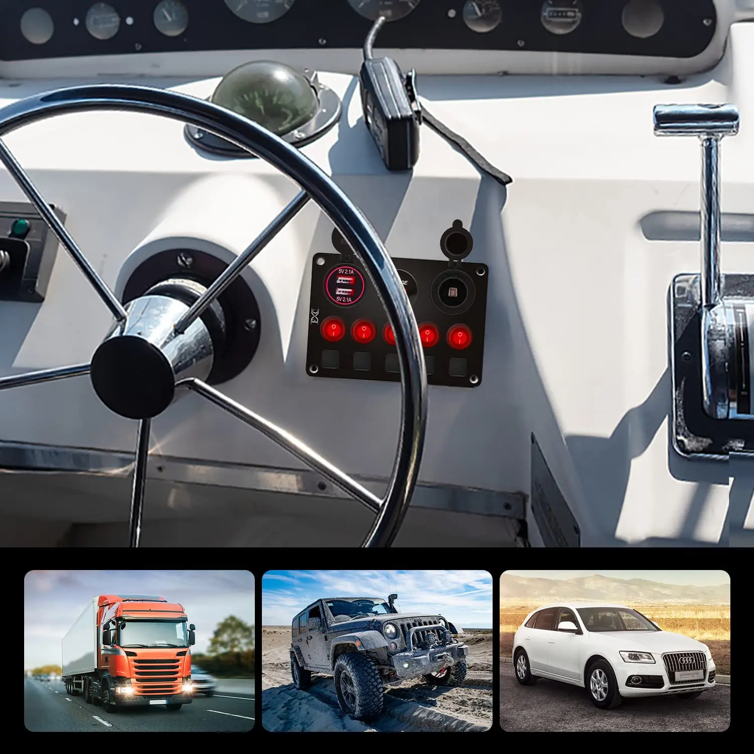 5 Gang Led Lights Rocker Switch Panel With Dual Usb Slot Socket With ...