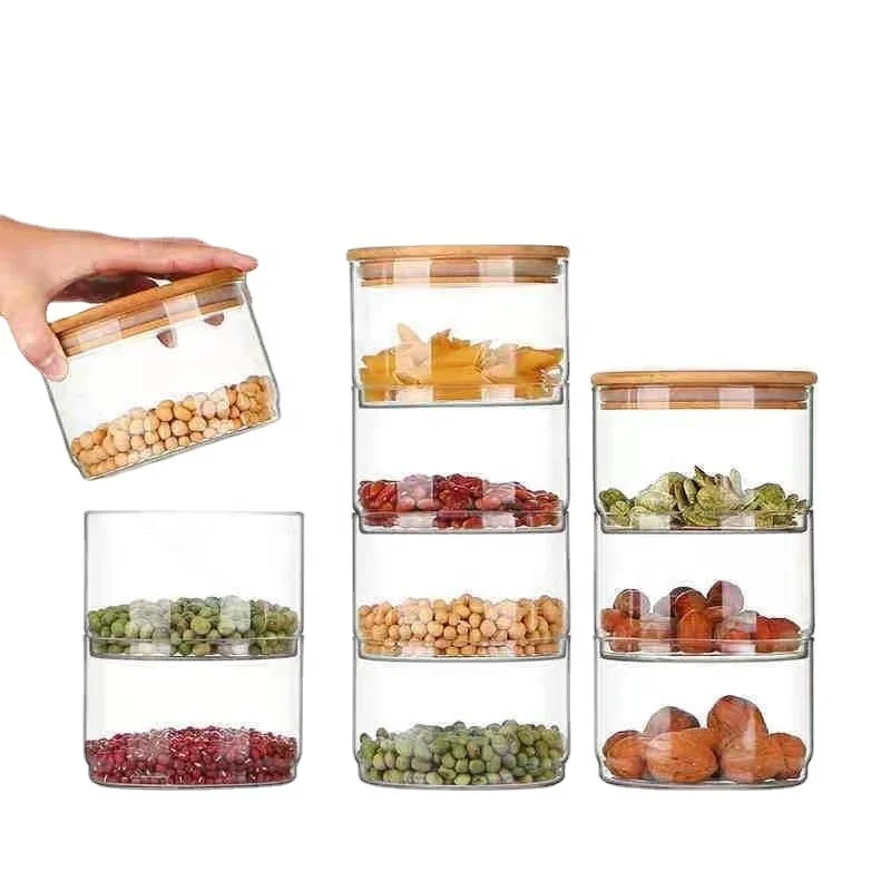 Kitchen pantry food storage canister container 3 stackable glass jar ...