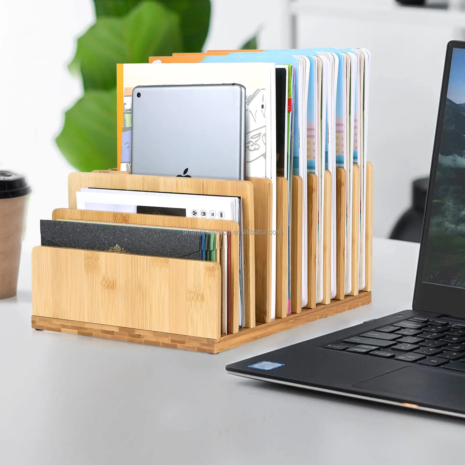 Bamboo Desk Organizer Stackable Office Organizer 10 Slots Wood Desktop ...