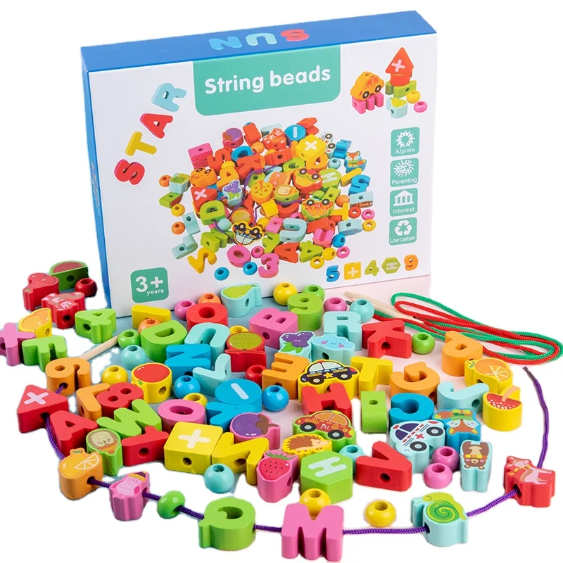 Wooden Fruits Letters Numbers Transportation String Threading Toy Beads ...