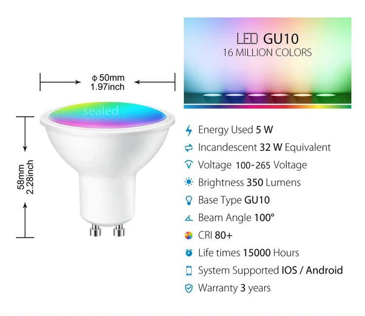 Wholesale Zigbee GU10 WIFI Tuya Smart Bulb 5W RGB CW