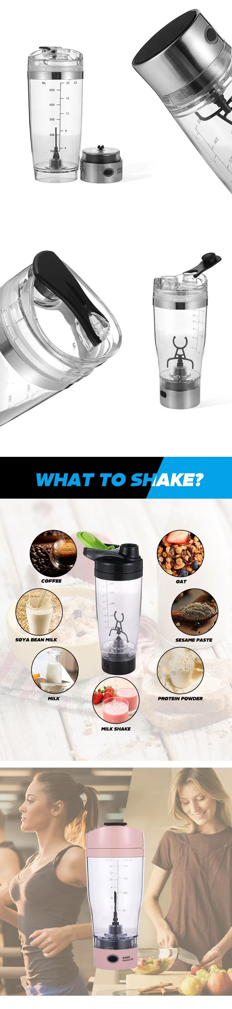 500ml 750ml Girl Pink Plastic Protein Shaker Bottle with USB Charge