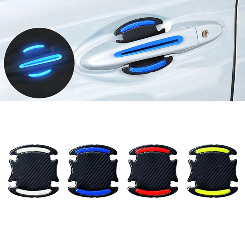 8PCS/set Car Door Handle Sticker Warning Reflective Tape Carbon Fiber ...